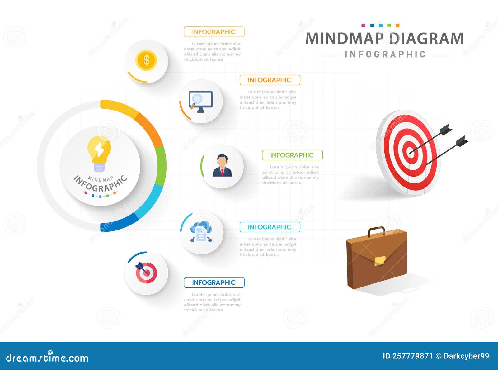 Infographic 5 Steps Modern Mindmap Diagram with Circles and Topic Titles Stock Vector ...