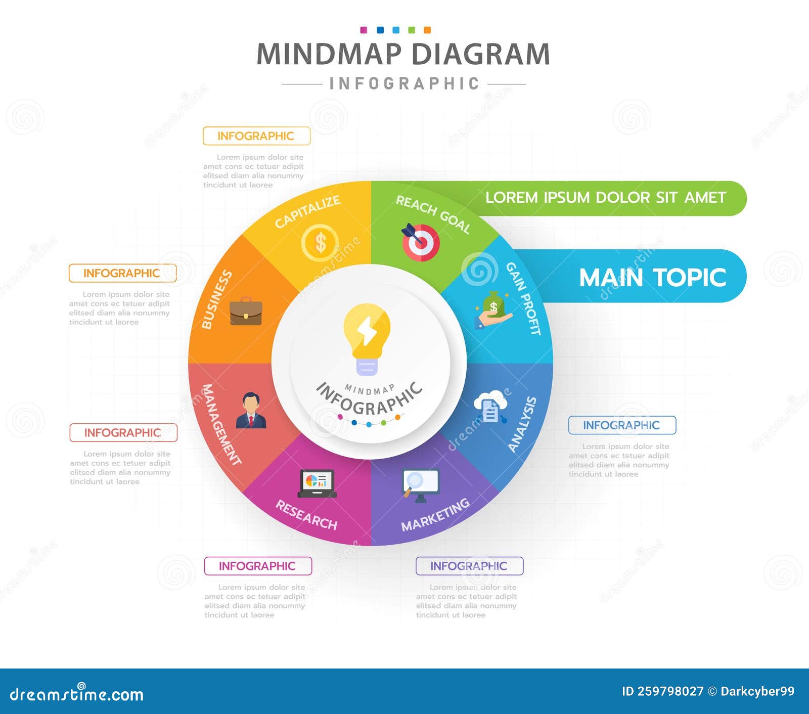 Infographic 8 Steps Modern Mindmap Diagram with Circles and Topic Titles Stock Illustration ...