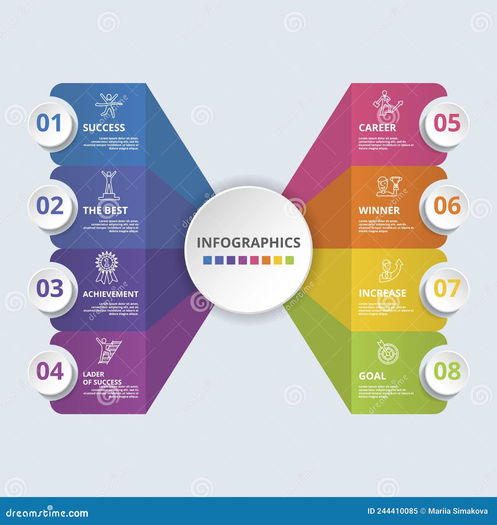 Infographic Success Icons Vector Illustration. 8 Colored Steps Info ...