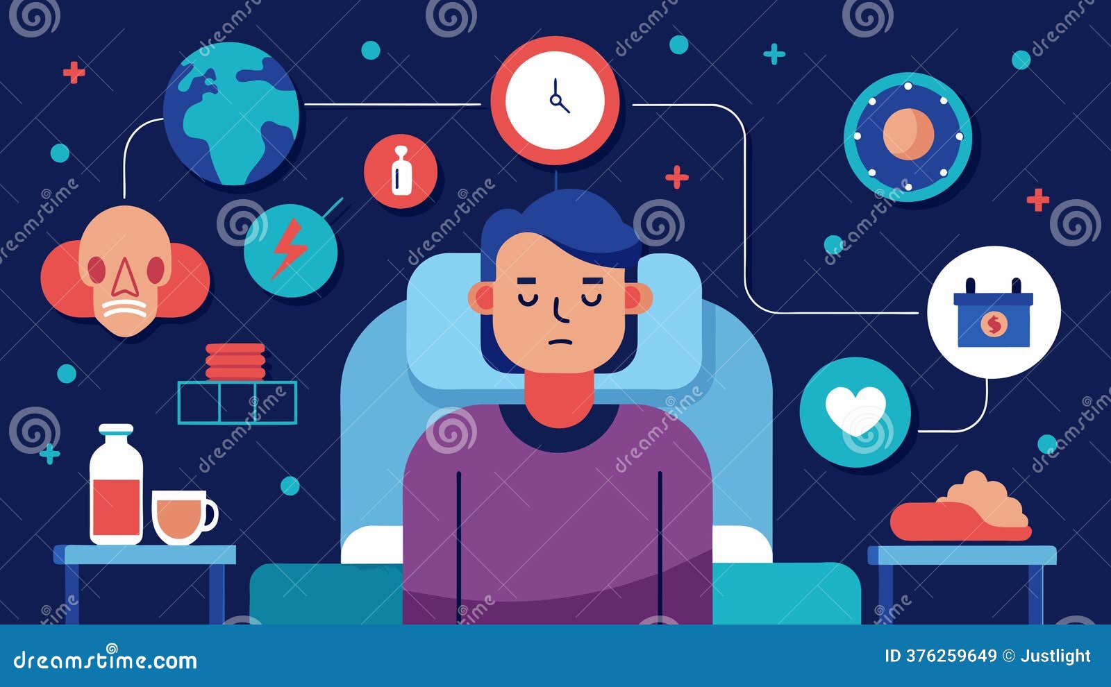 Insomnia Symptoms Vector. Cartoon. Isolated Art On White Background ...