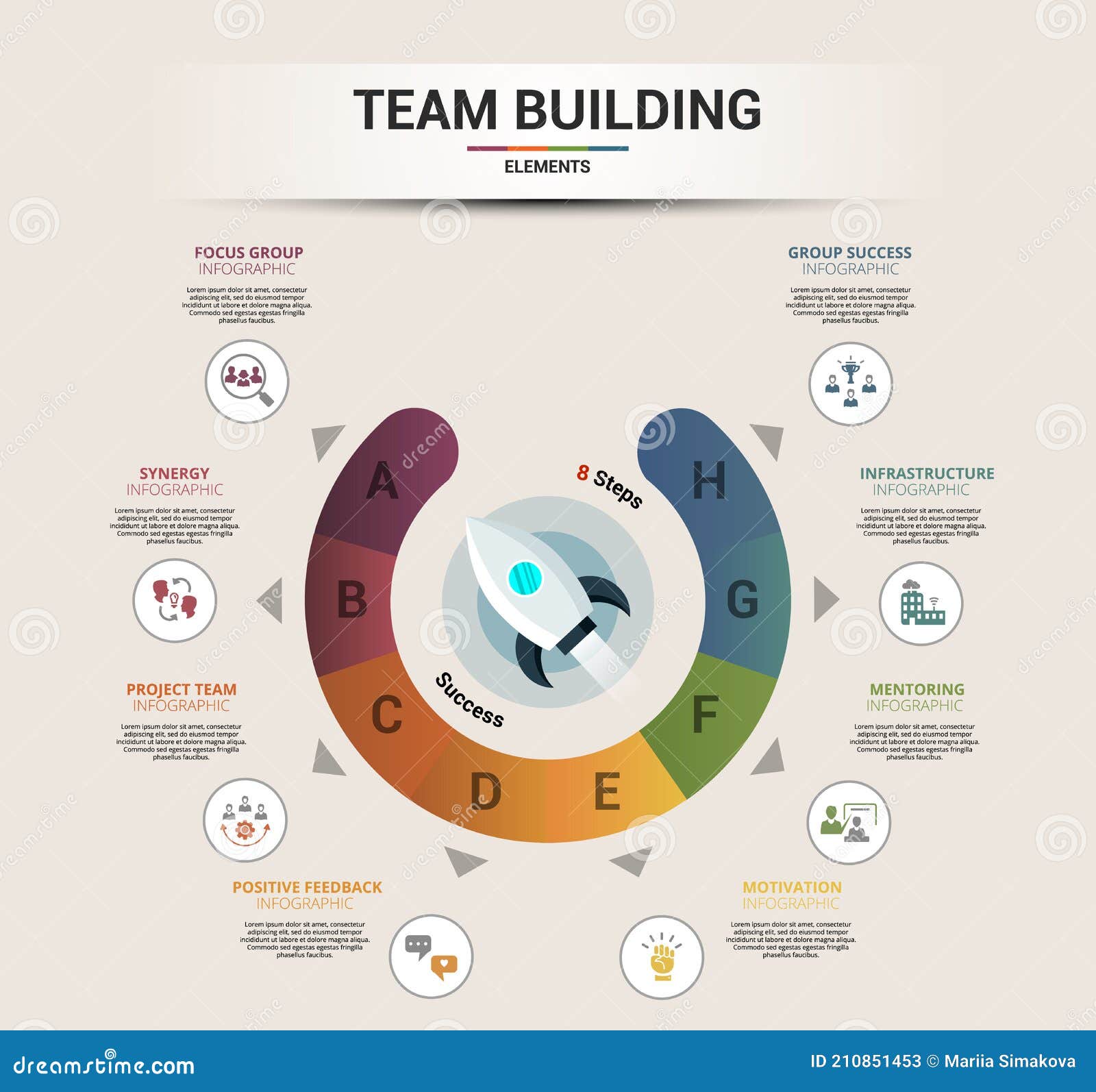 Infographic Team Building Template. Icons in Different Colors. Include ...