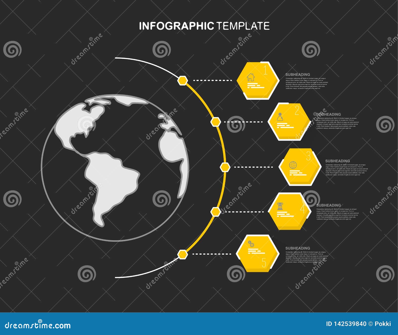 Infographic Template With Five Hexagons And Icons Line Up Beside Line ... Infographic Template With Five Hexagons And Icons Line Up Beside Line ...
