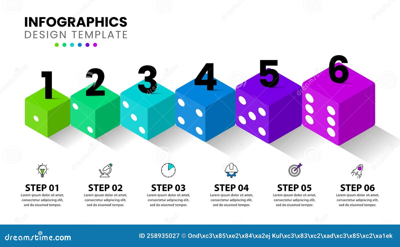 Infographic Template. 6 Dice in a Row with Numbers and Text Stock ...