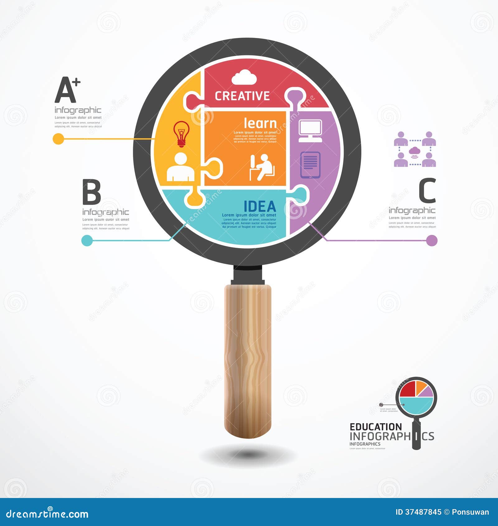 Infographic Template With Magnifier Jigsaw Banner Cartoon Vector ...