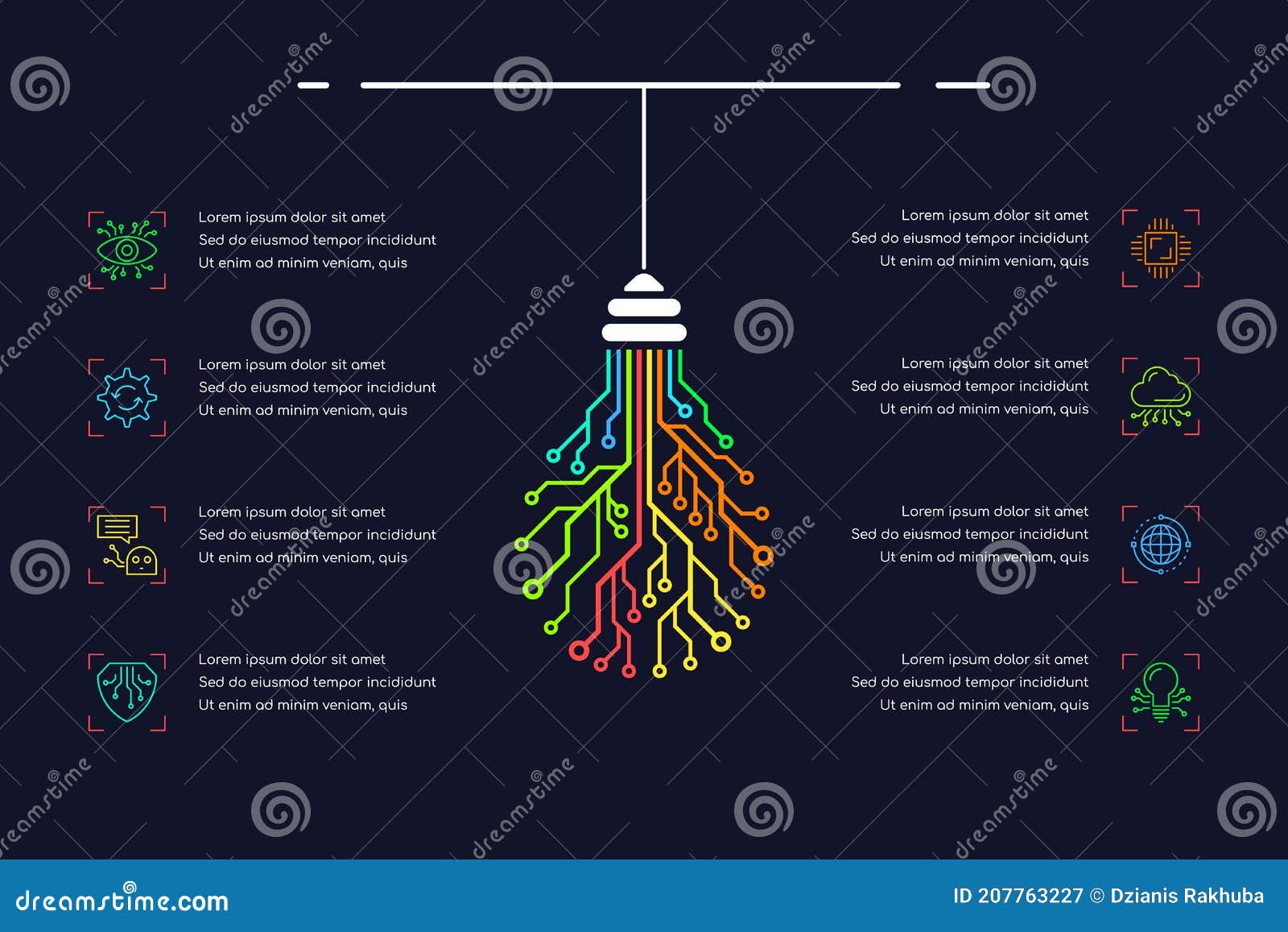 Infographic Template with PCB Light Bulb on Black Background Stock ...
