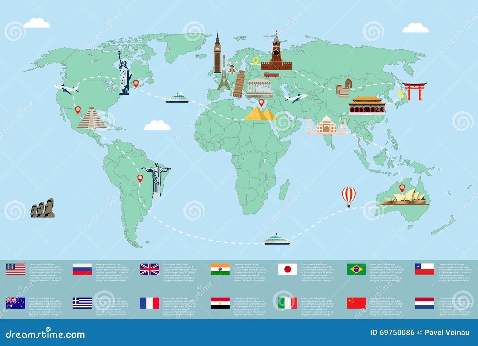 Infographic World Landmarks on Map. Vector Stock Vector - Illustration ...