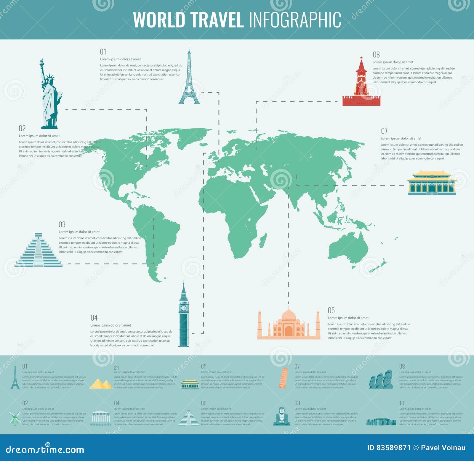Infographic World Landmarks on Map. Vector Editorial Photo ...