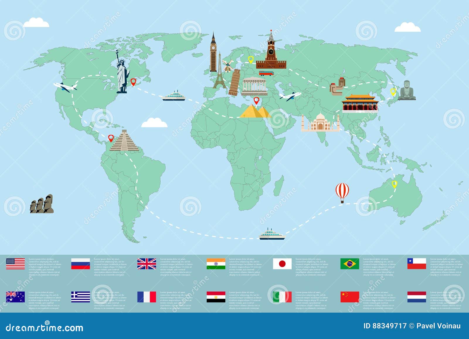 Infographic World Landmarks On Map. Vector | CartoonDealer.com #88349717