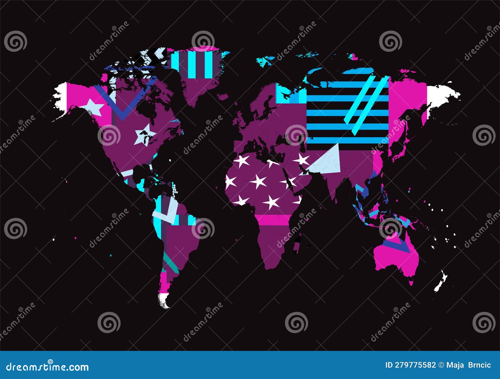 Infographic World Map Purple with Stars Colorful Pop Art Illustration ...