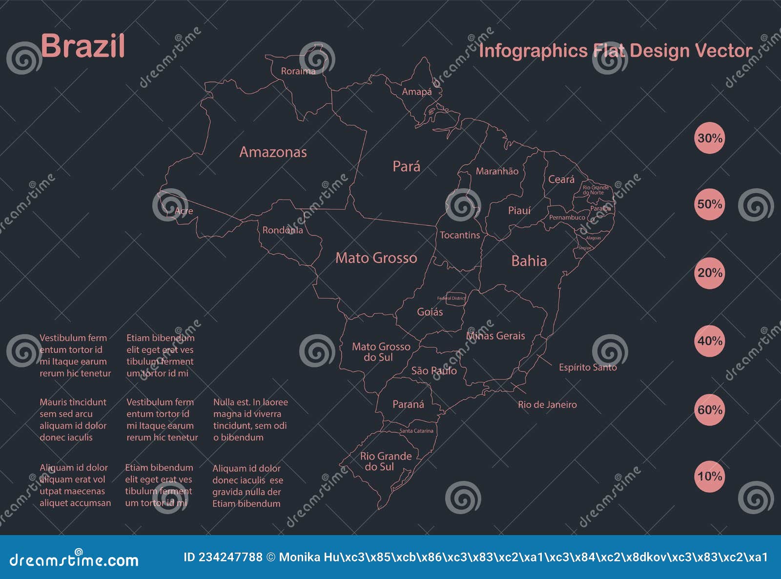 Infographics Brazil Map Outline, Flat Design, Color Blue Orange Stock ...