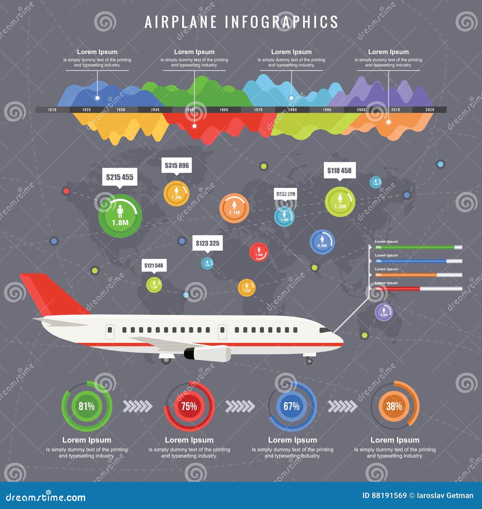 Infographics With Airplanes, Dotted Paths And Pointers On The World Map ...