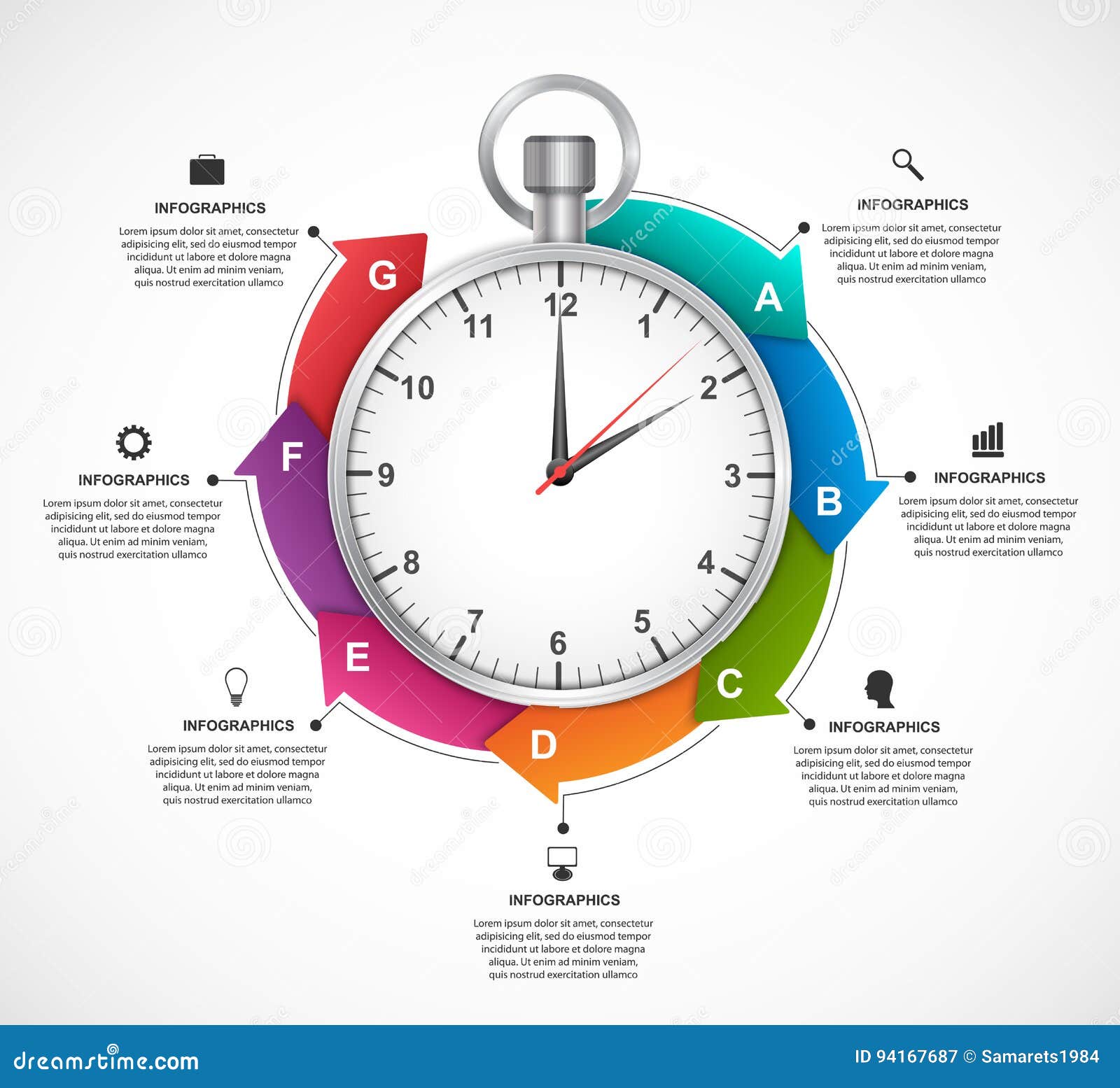 Infographics Design Template. Stopwatch with a Circular Arrow and the ...