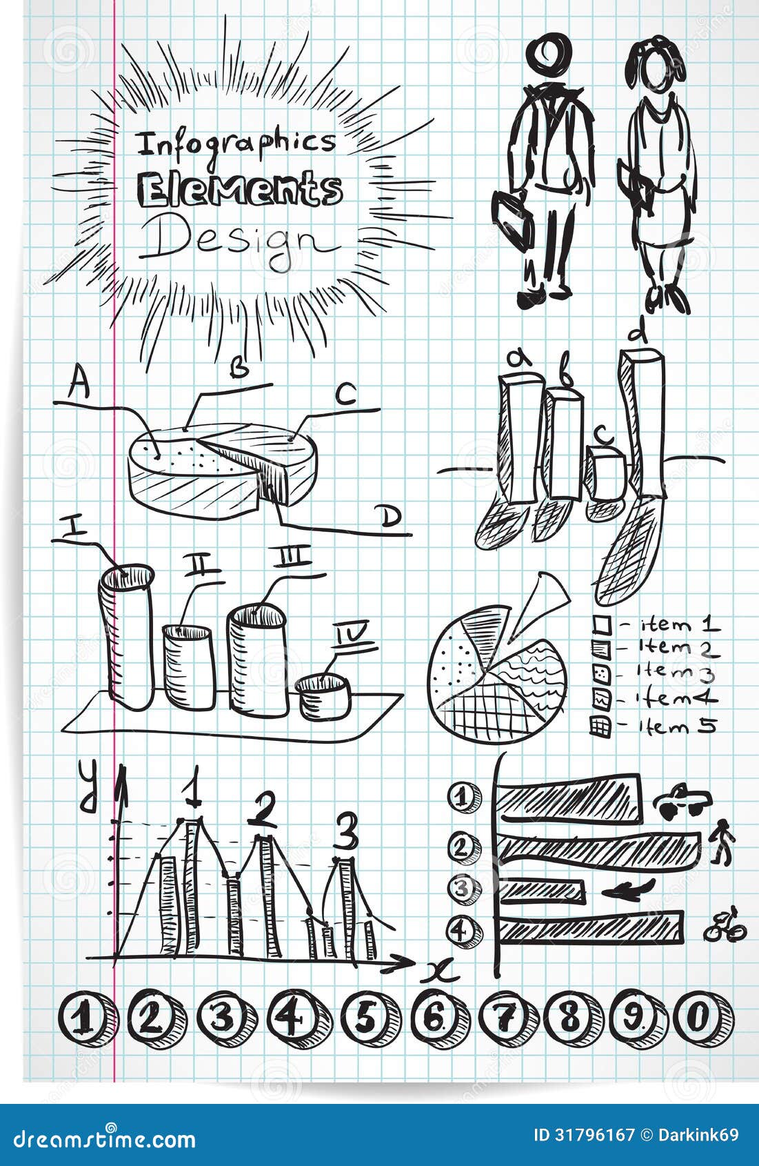 Infographics Elements Sketch On Checkered Sheet Cartoon Vector ...