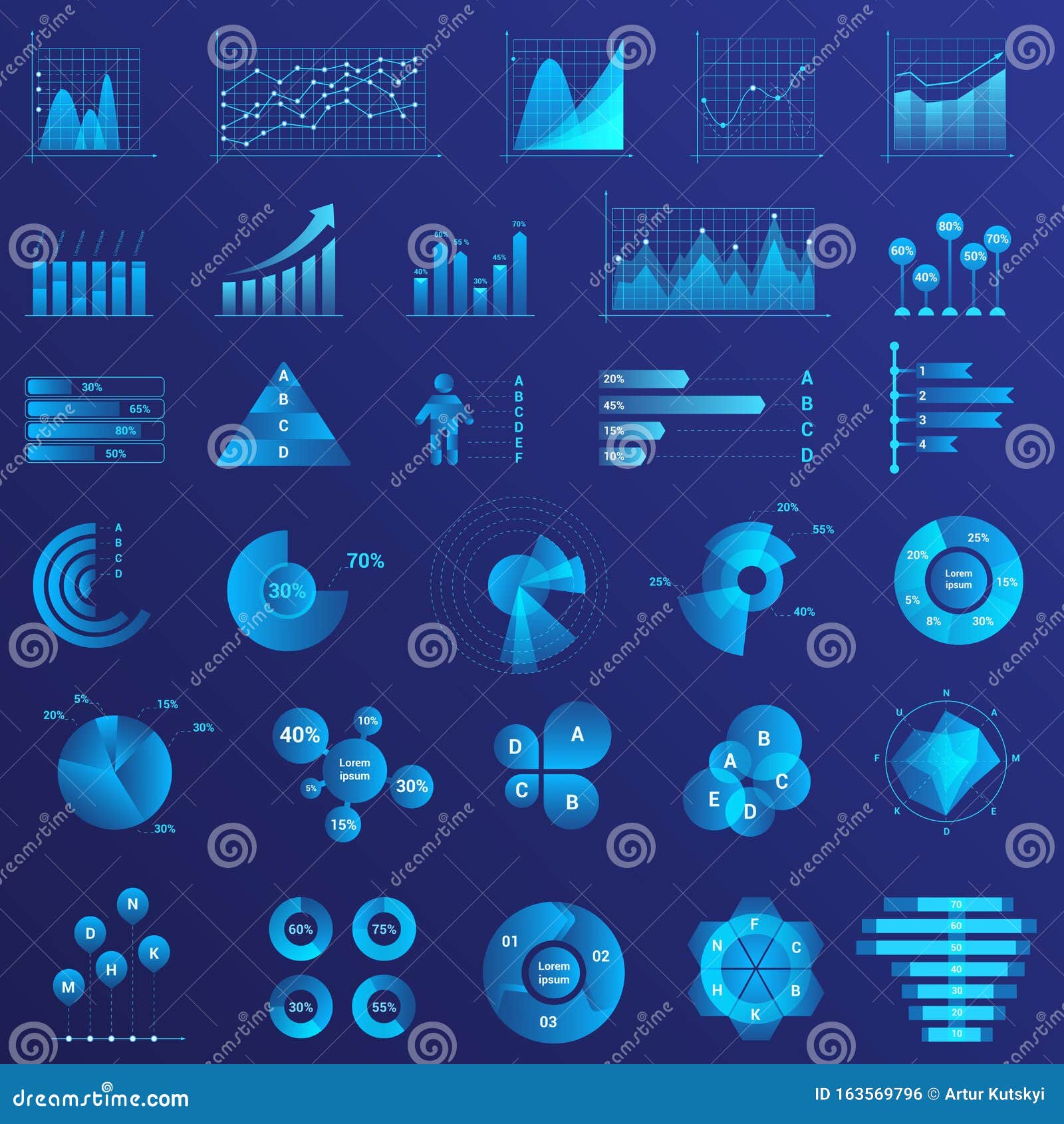 Infographics Flat Neon Light Illustrations Set. Graph Arrow Growth ...