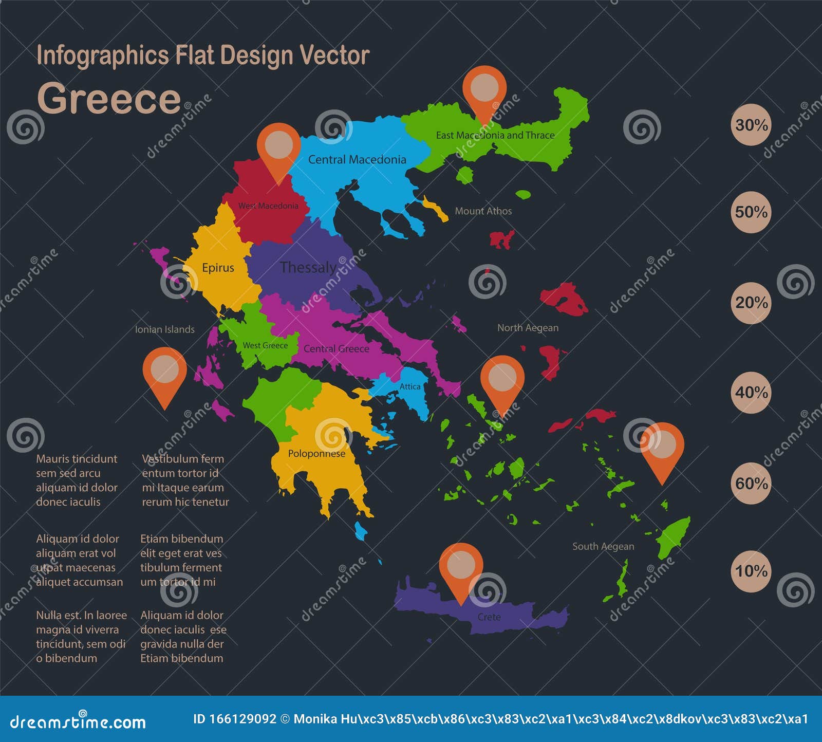 Infographics Greece Map, Flat Design Colors, with Names of Individual ...