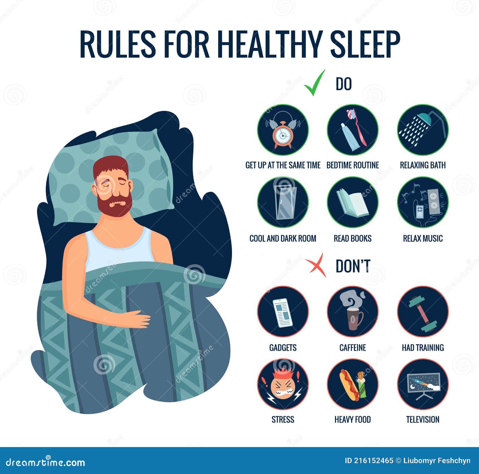 Infographics Of Healthy Sleep Tips Sleeping Man In Bedroom And Useful