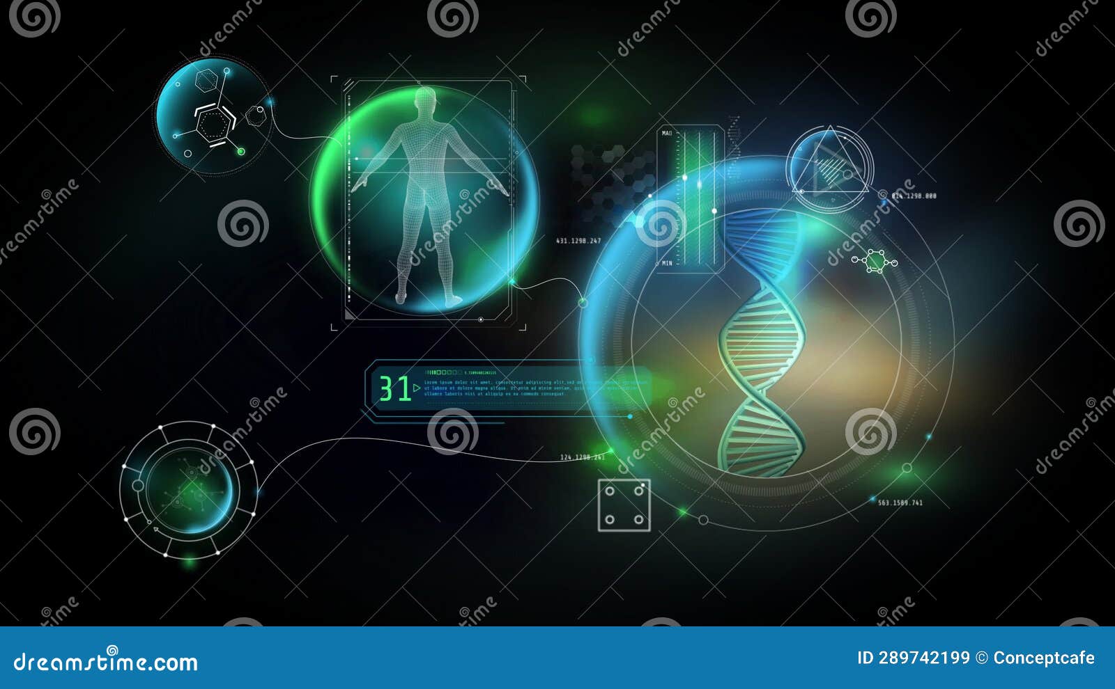 Animated Infographics about Human Structure with DNA Hologram Stock ...