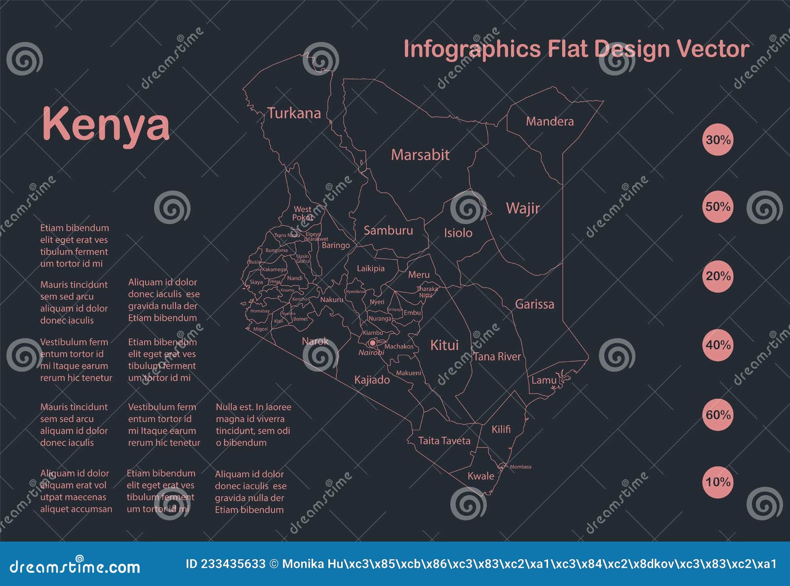 Kenya Map, Infographics Flat Design Colors Snow White, With Names Of ...