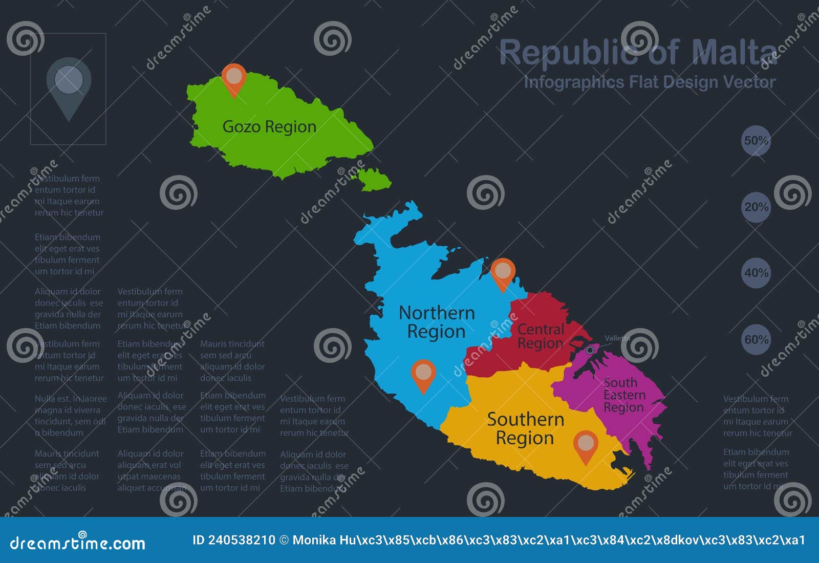 Infographics Malta Regions Map With Names, Flat Design Colors, Blue ...