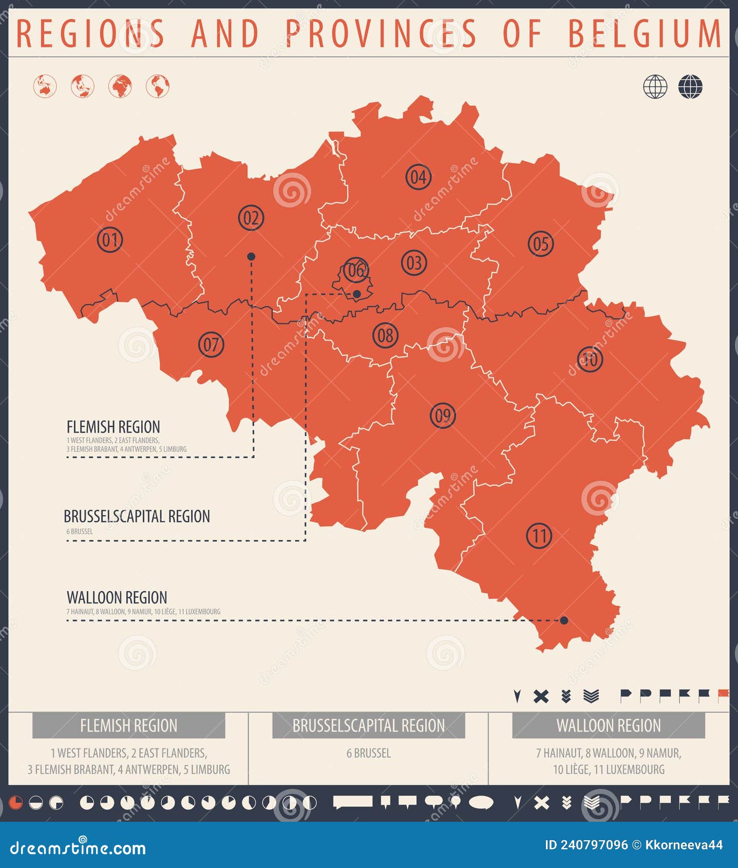 Infographics Map of Belgium with Administrative Divisions into Regions ...