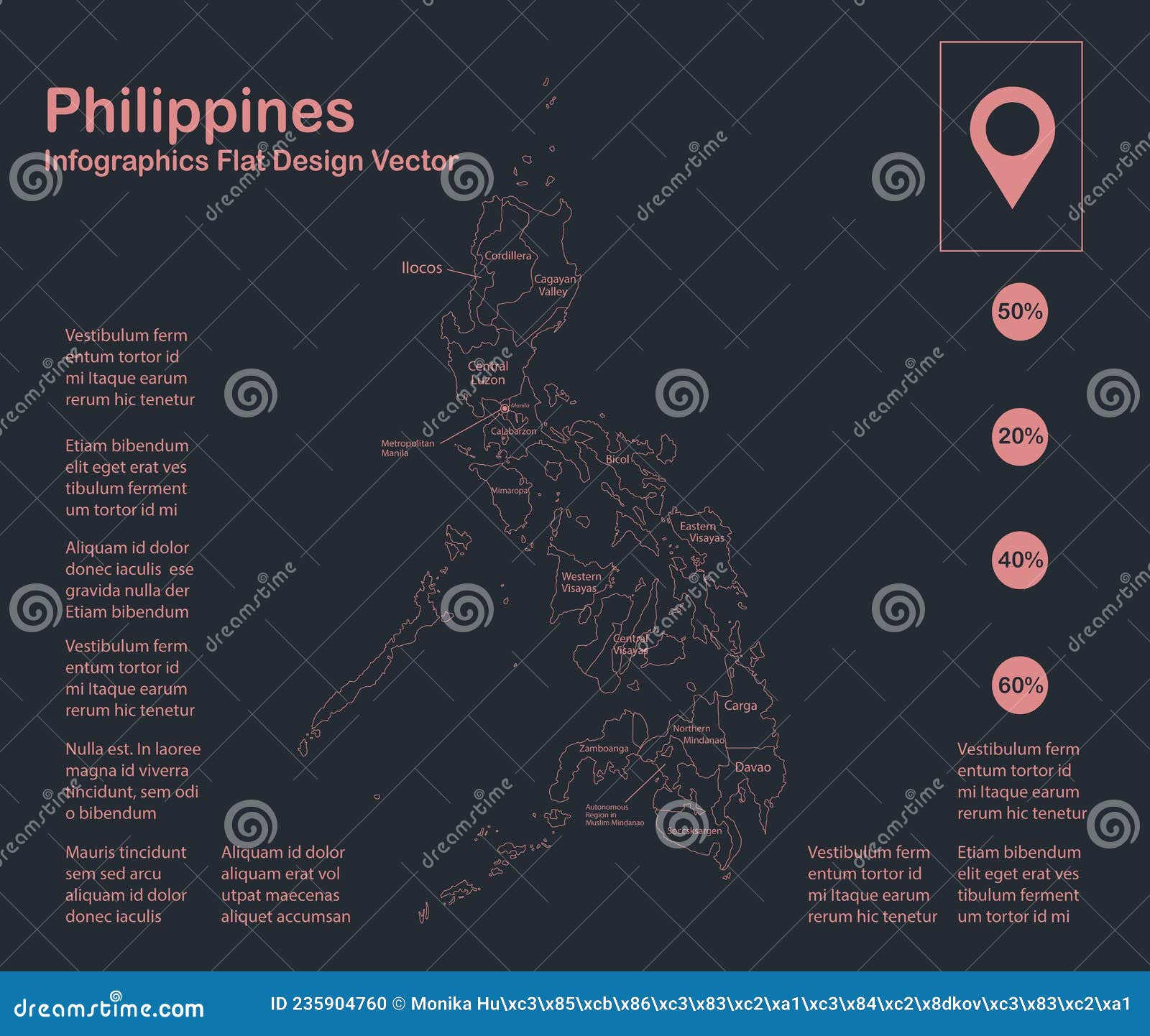 Infographics Philippines Map Outline, Flat Design, Color Blue Stock ...