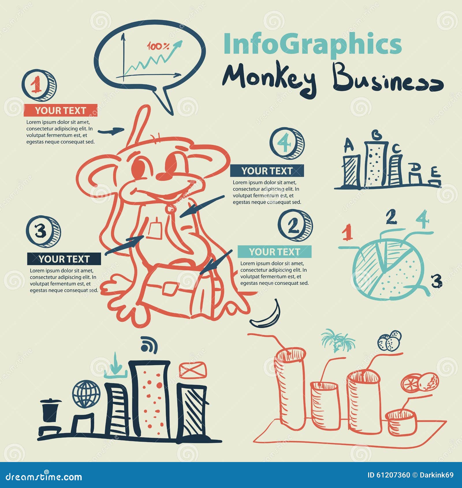 Infographics Set in the Style of a Sketch of the Funny Monkey Stock ...