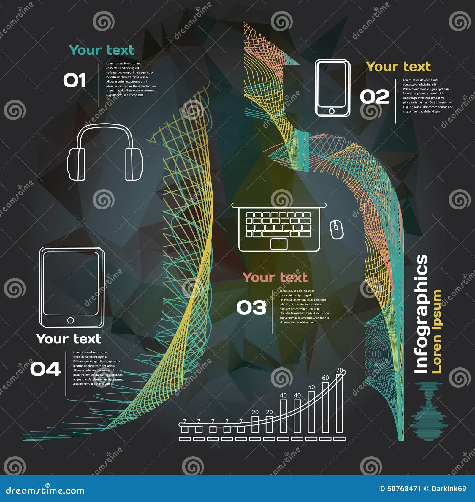 Infographics with Sound Waves and Devices on a Dark Background Stock ...