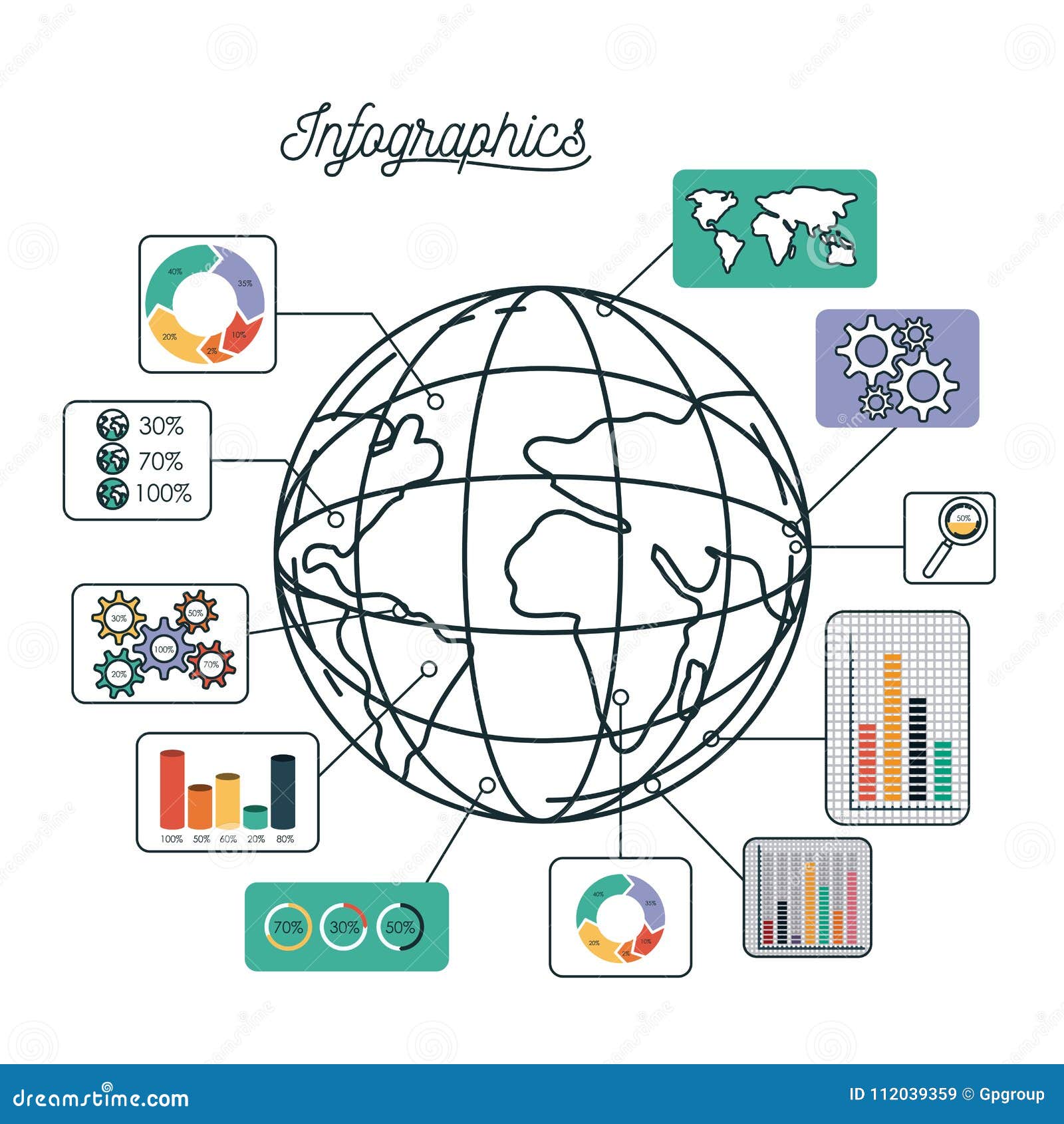 Infographics and Statistics with Globe Map Stock Vector - Illustration ...