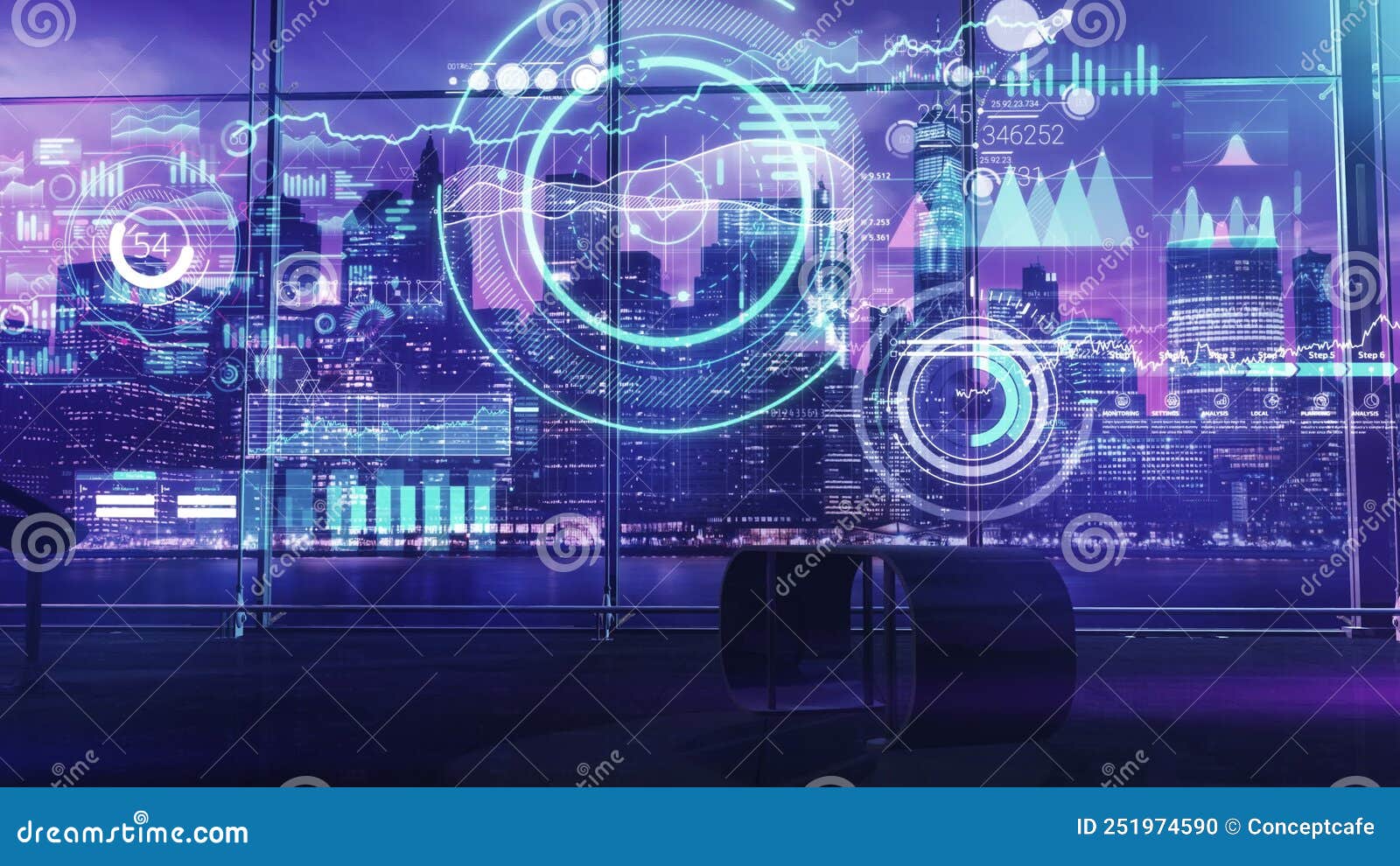 Infographics with Stock Charts Against Night Metropolis Background, 3D ...
