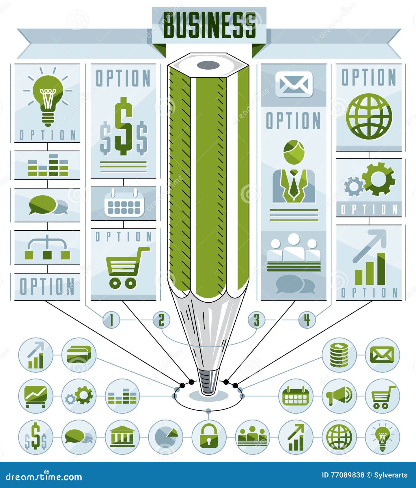 Infographics Template, Centered Dimensional Composition with Pen Stock ...