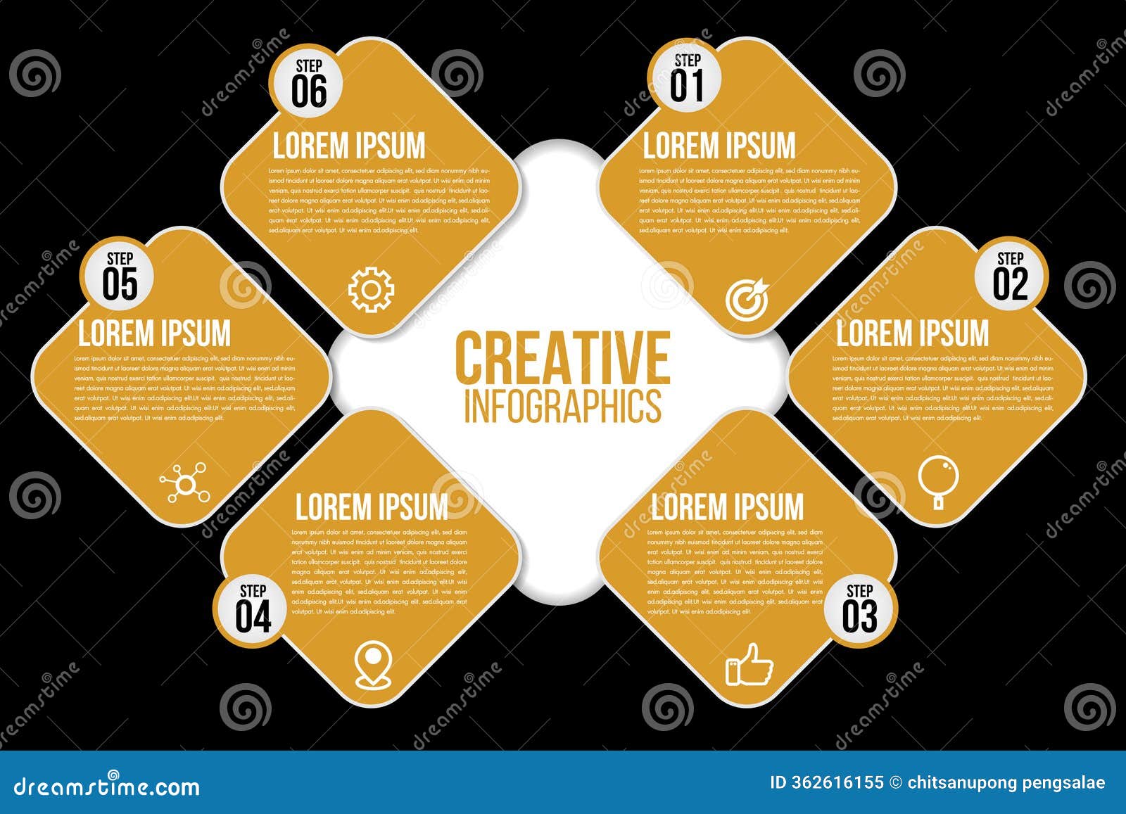 Infographics 6 Yellow Options or Steps Circle Elements Chart Black ...