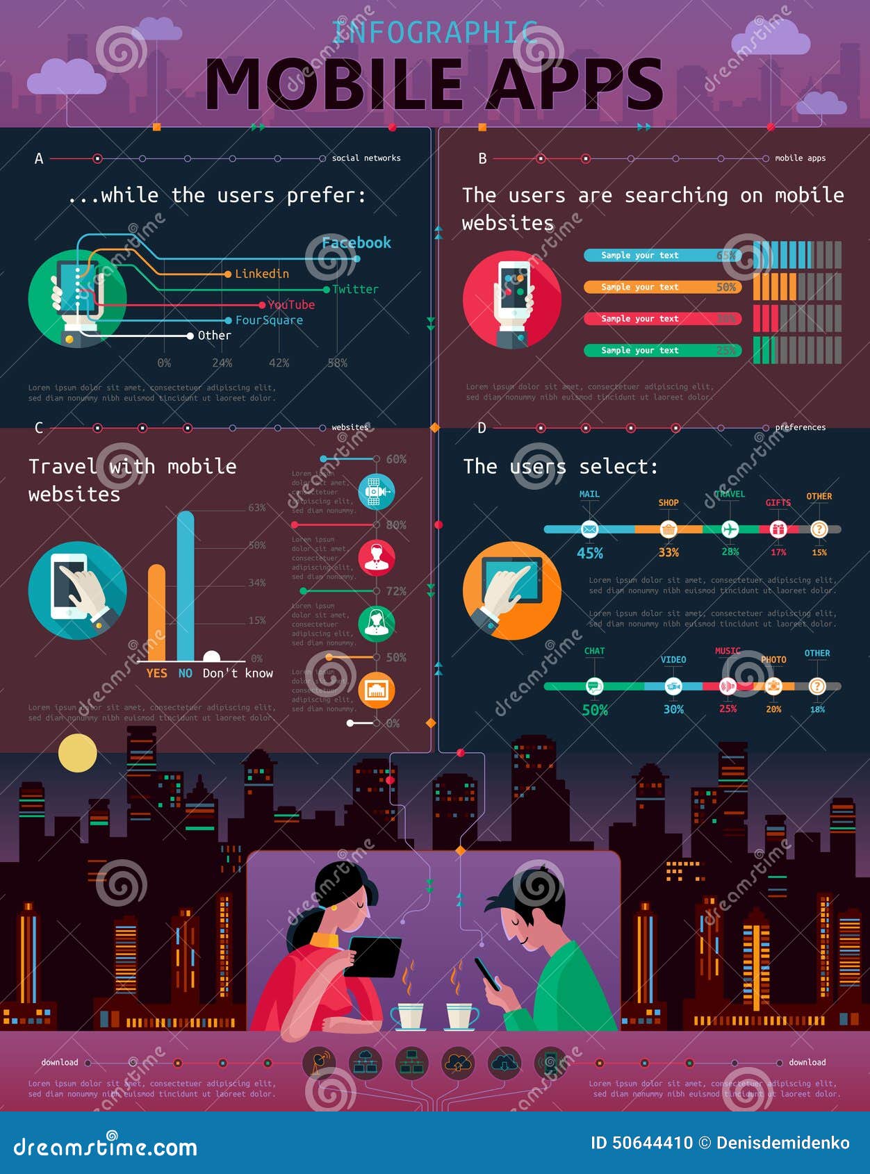 Infographic流动的应用 向量例证. 插画 包括有 介绍, 图形, 夫妇, 聊天, 设置, 图表 - 50644410