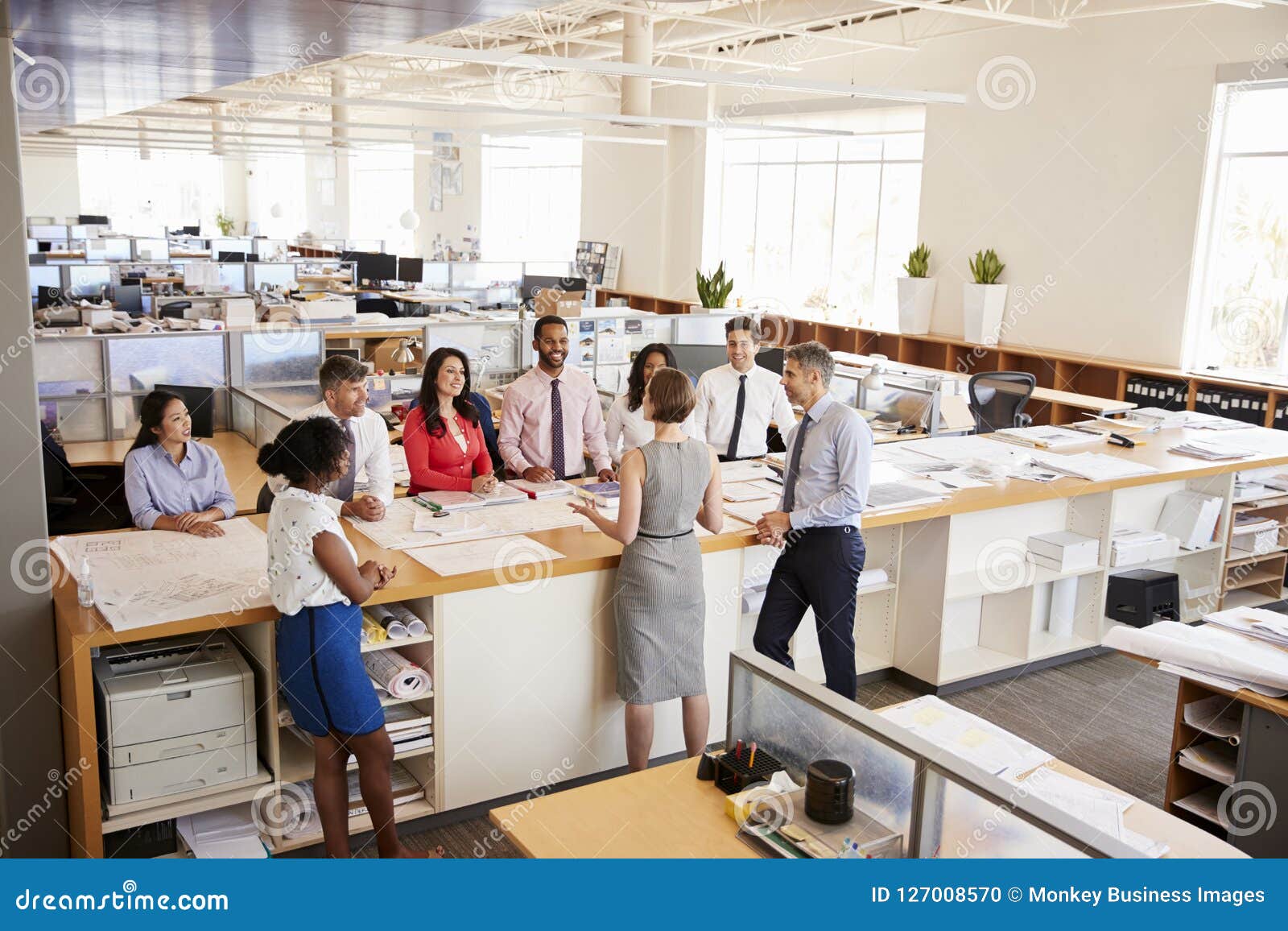 Informal Team Meeting in an Open Plan Office, Elevated View Stock Photo ...