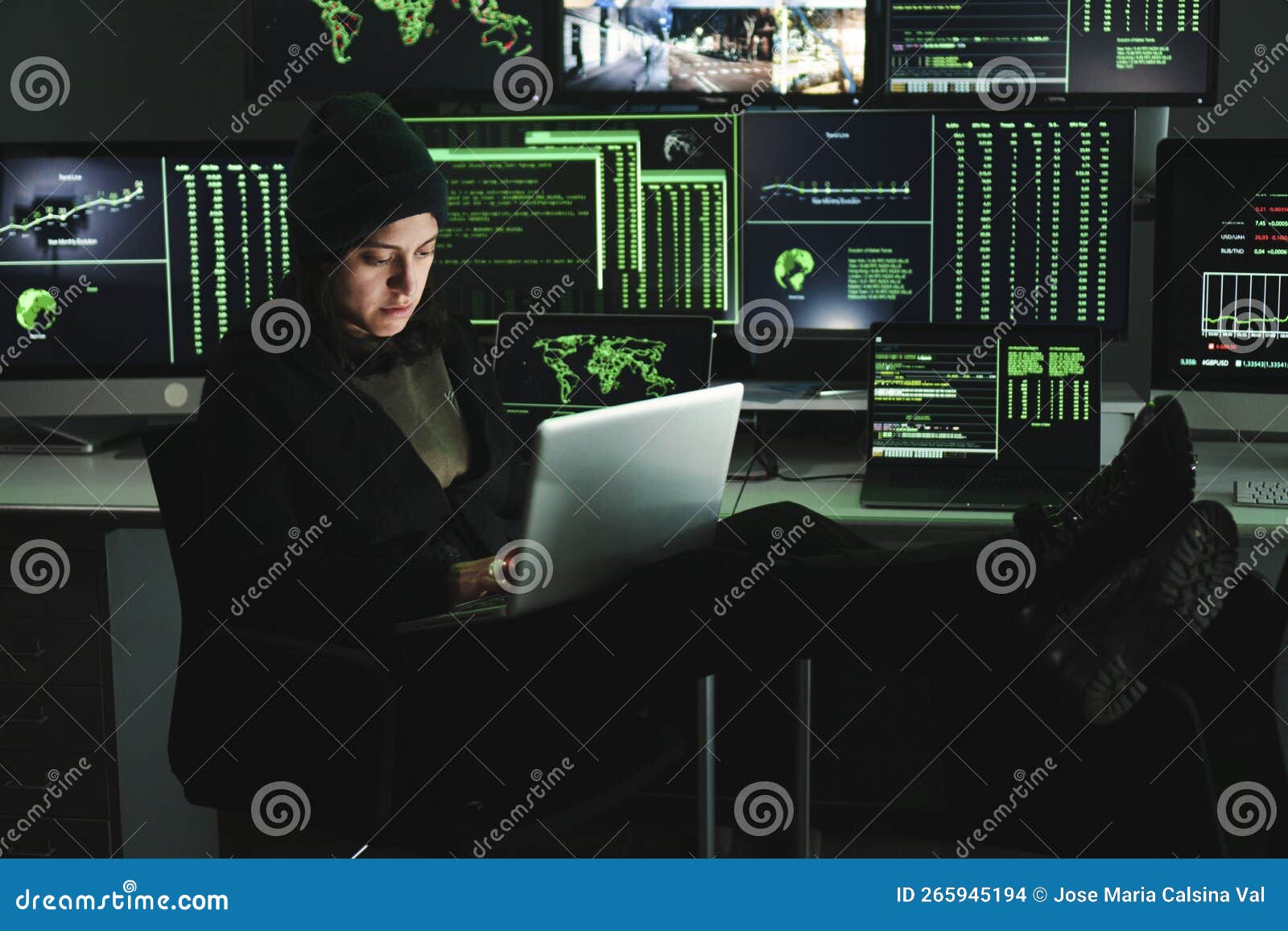 Informatic Hacker Woman Typing Code on Laptop, at Background a Lot of ...