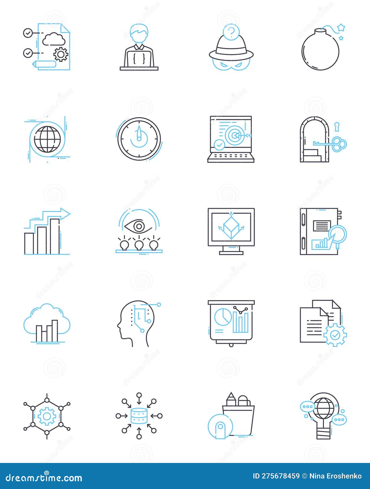 Information Analysis Linear Icons Set. Scrutiny, Dissection ...