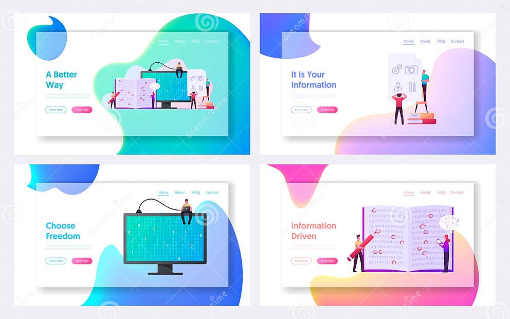 Information Coding Landing Page Template Set. Tiny Characters at Huge Computer Monitor with ...