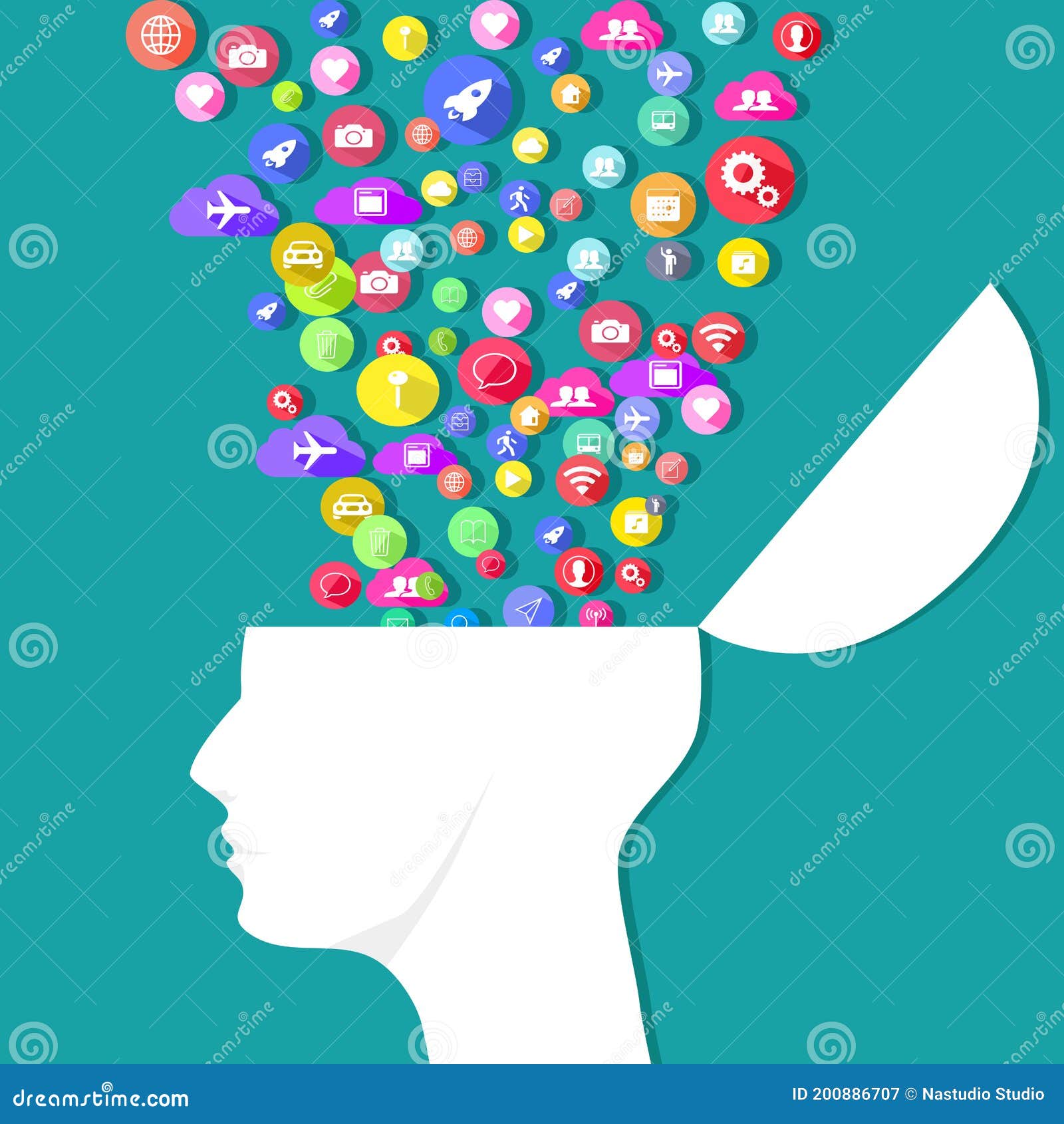 Information and Communication Icons Come Out of Human Heads. Concept of ...