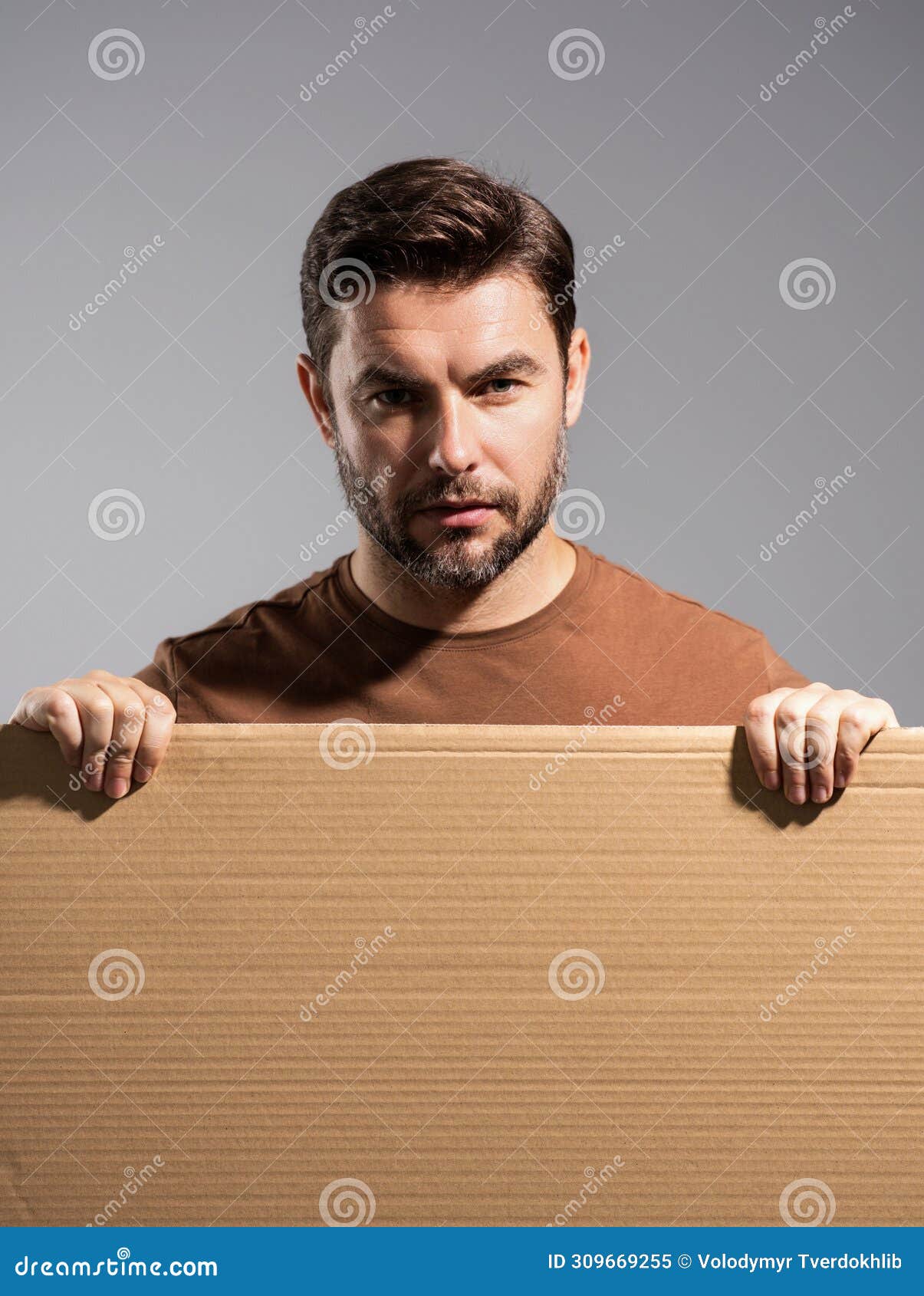 Information Concept. Serious Man with Blank Placard. Demonstrating Copy ...