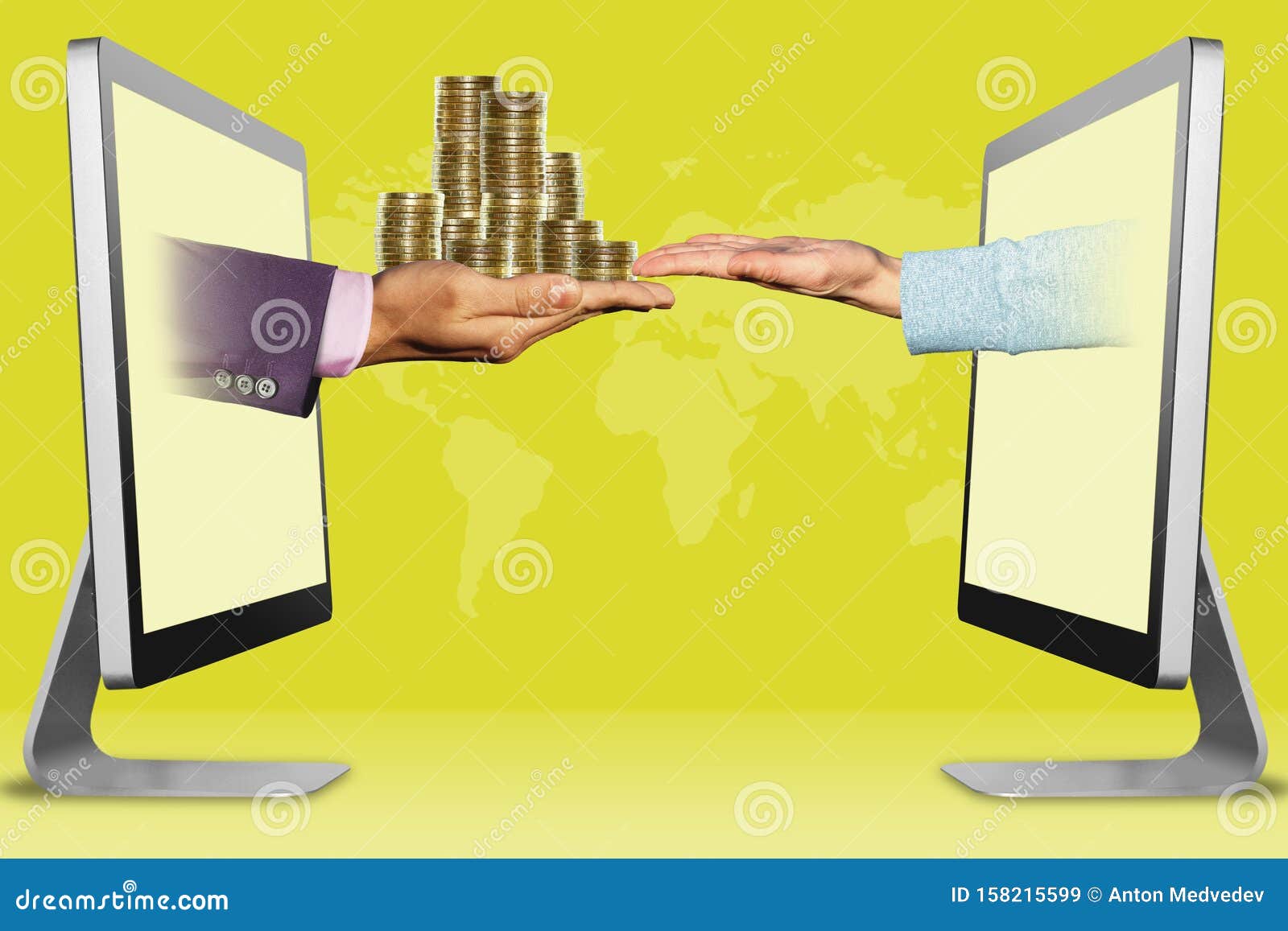 Information Concept, Two Hands from Computers. Pile of Coins and ...