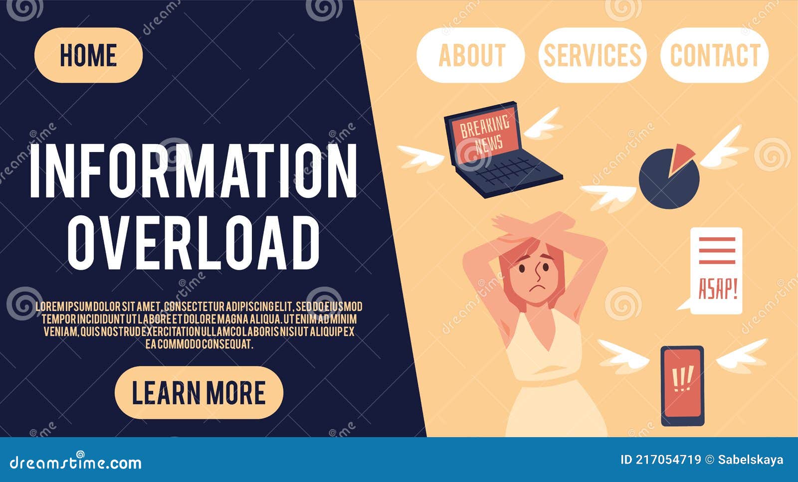 Information Overload Web Banner with Woman in Panic, Flat Vector ...