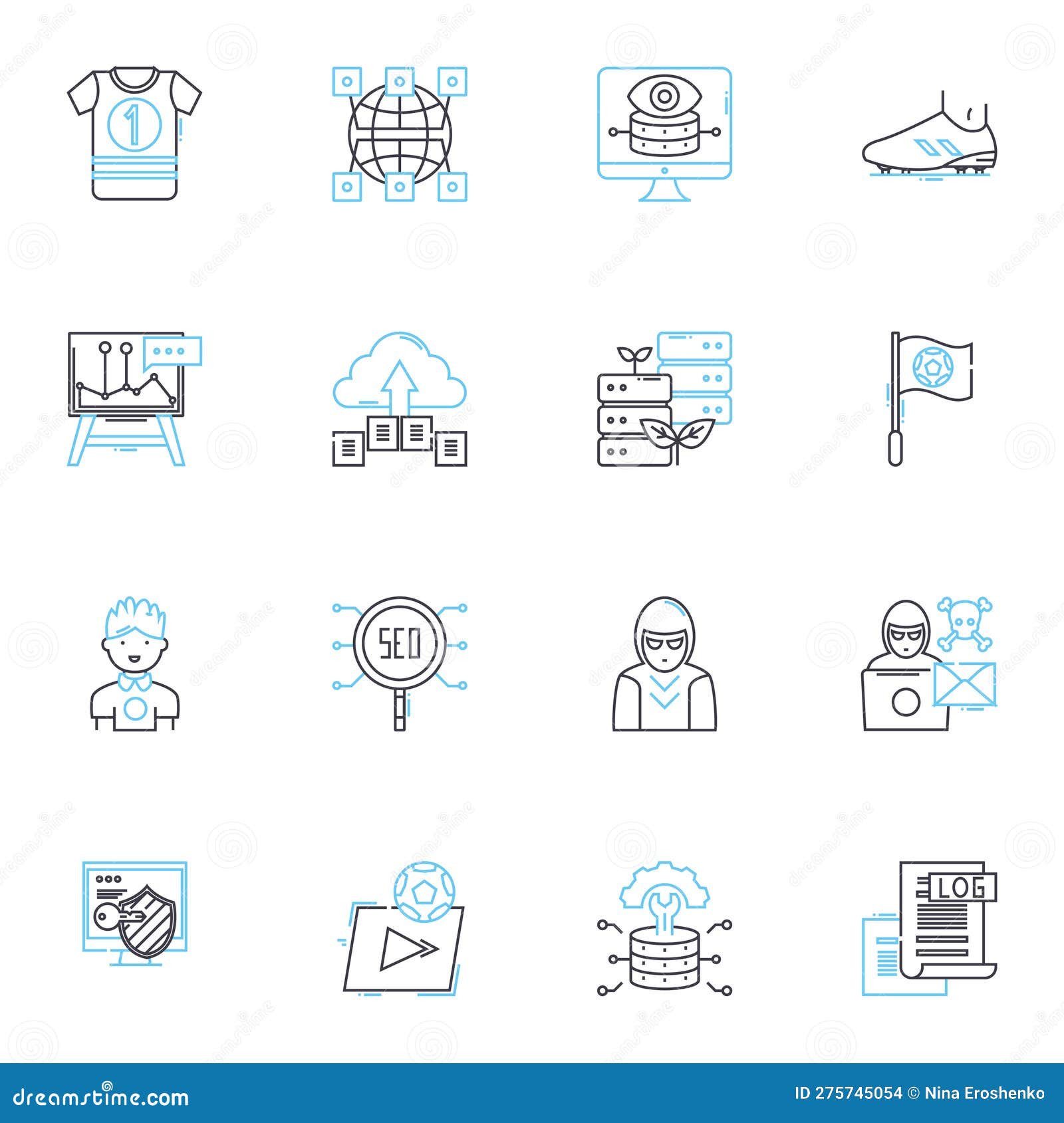 Information Processing Linear Icons Set Computation Data Algorithm Analytics Encoding File