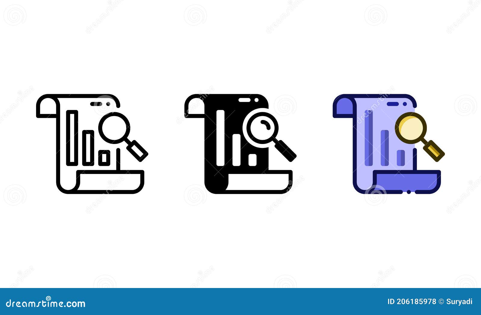 Information Source Icon Represented by Paper, Chart and Magnifier Stock ...