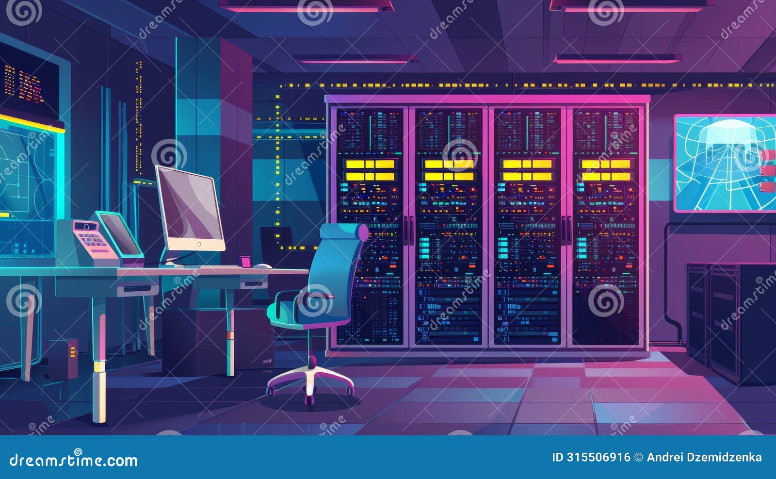 Information Storage Office Interior with Control Panel, Racks with ...