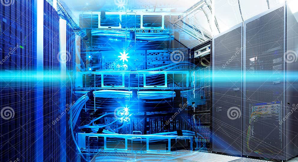 Information Technology Collage of Data Center with Racks Equipment and ...