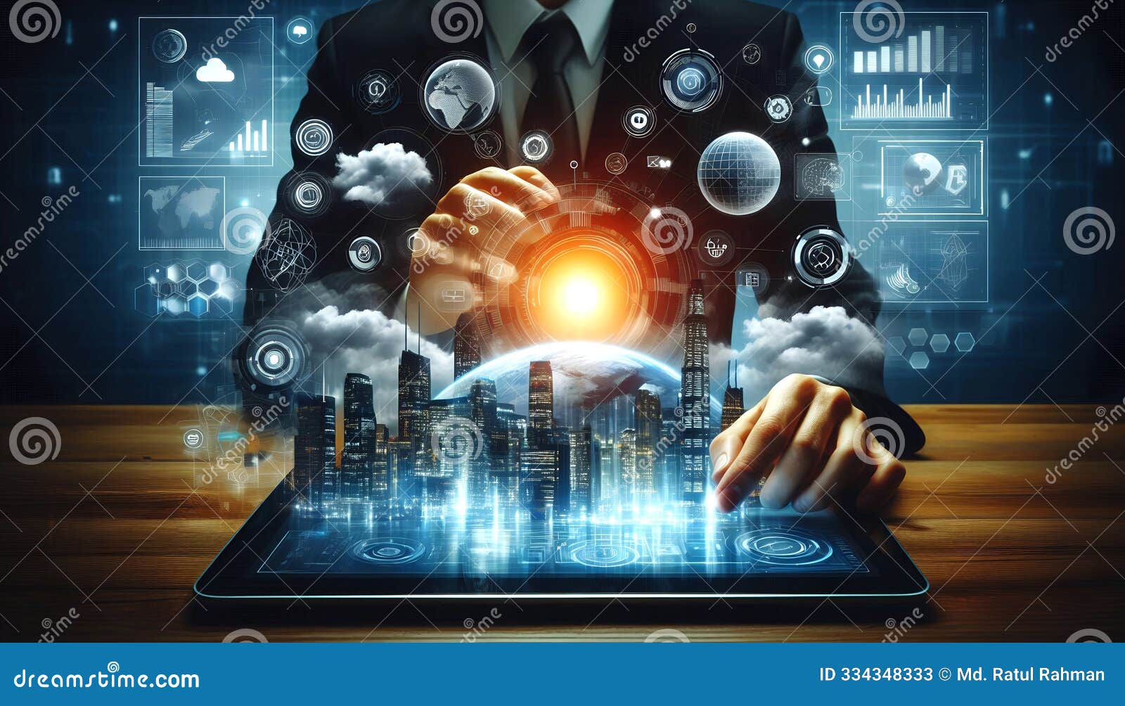 It Information Technology Concept on Touchscreen, People, High Rise ...