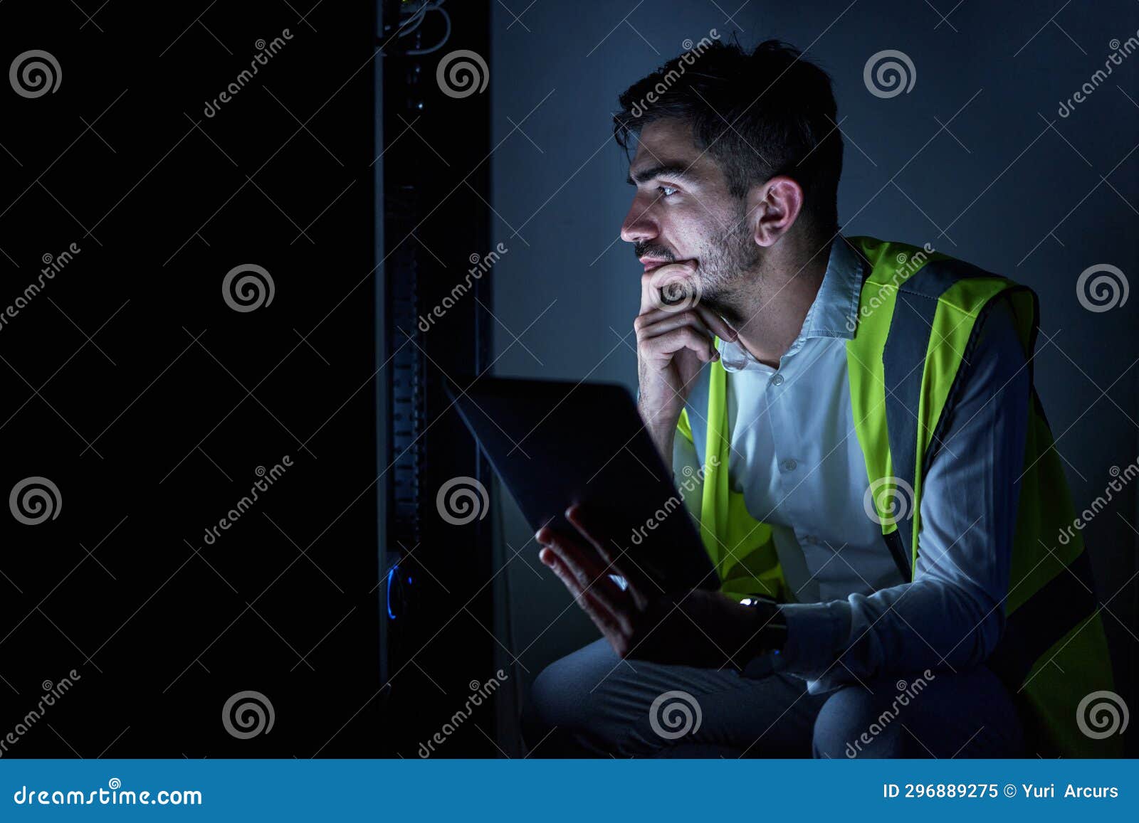 Information Technology, Thinking and Man with Tablet for Maintenance ...