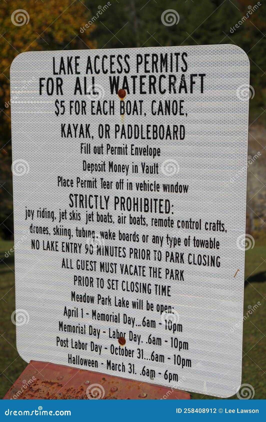 Sign with Permit Information at a Lake Stock Photo - Image of closing ...