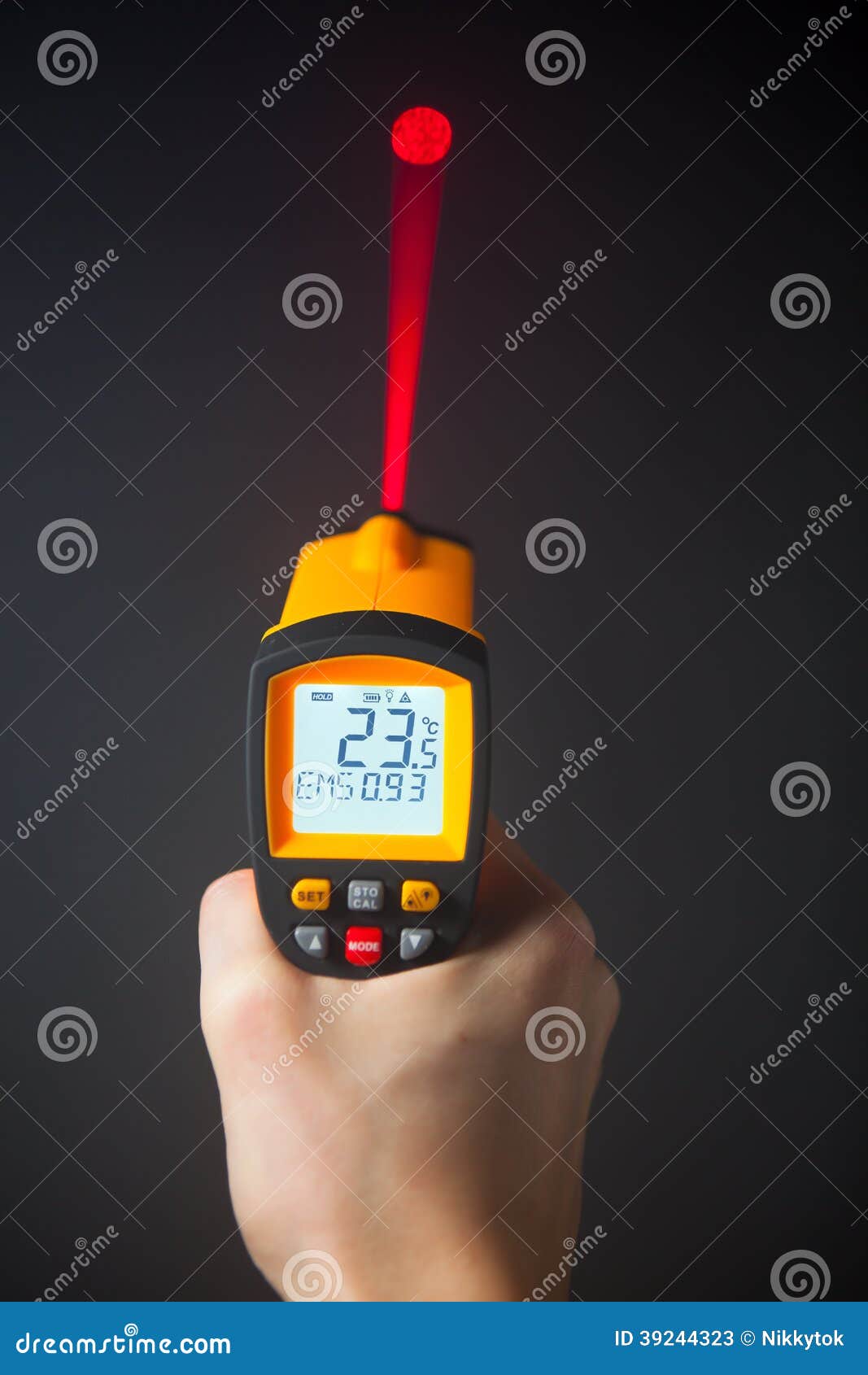 Infrared Laser Thermometer In Hand. Motor Temperature Measurement Stock ...