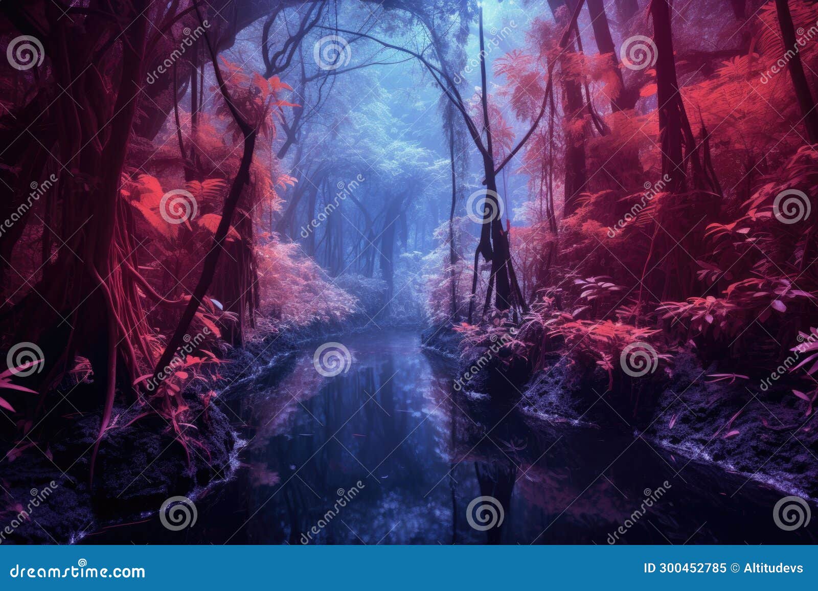 Infrared View of a Jungle at Dusk with Fireflies Stock Illustration ...