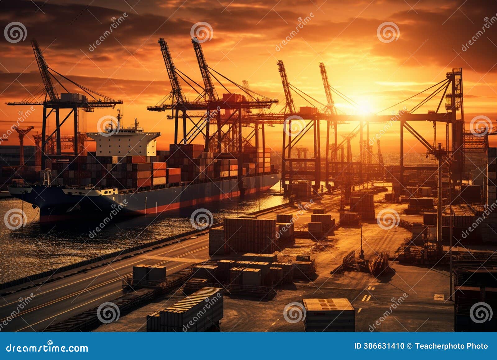 The Infrastructure of a Modern Port, Including Docks, Ships, Cranes ...